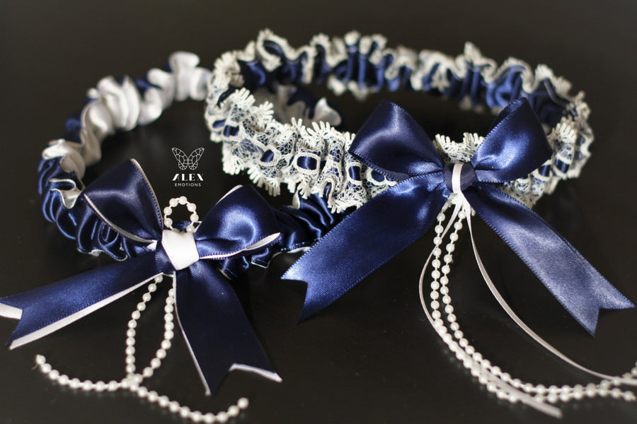 Navy Blue Wedding Garter Set \ Dark Blue Garters \ Navy Bridal Garters ...